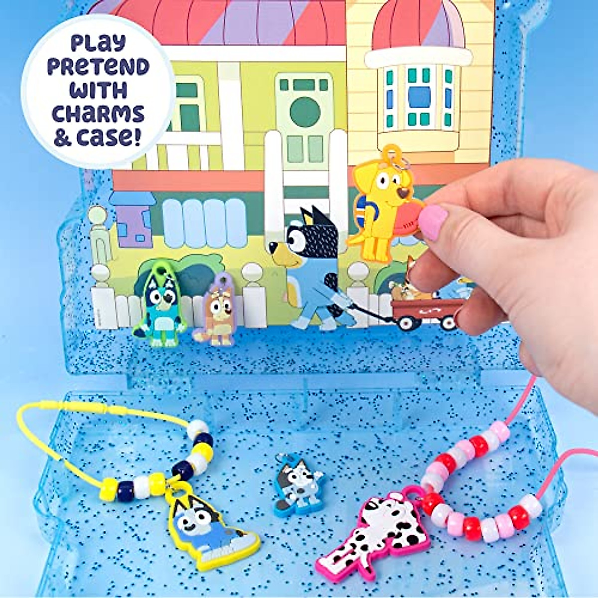Horizon Group USA Bluey Friendship Jewelry, Create 4 Bluey Charm Bracelets & 2 Bluey Charm Necklaces, Includes 150 Beads & 6 Rubber Charms with Bluey Storage Case, Gifts for Kids Boys Girls