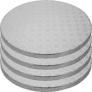 Cake Boards (4 Pack, 12 inch, Silver), Reusable Round Cake Drums for Showstopping Desserts, Heavy-Duty Disposable Cardboard Cake Bases W/Elegant Patterns, Cake Decorating Supplies by PixiPy