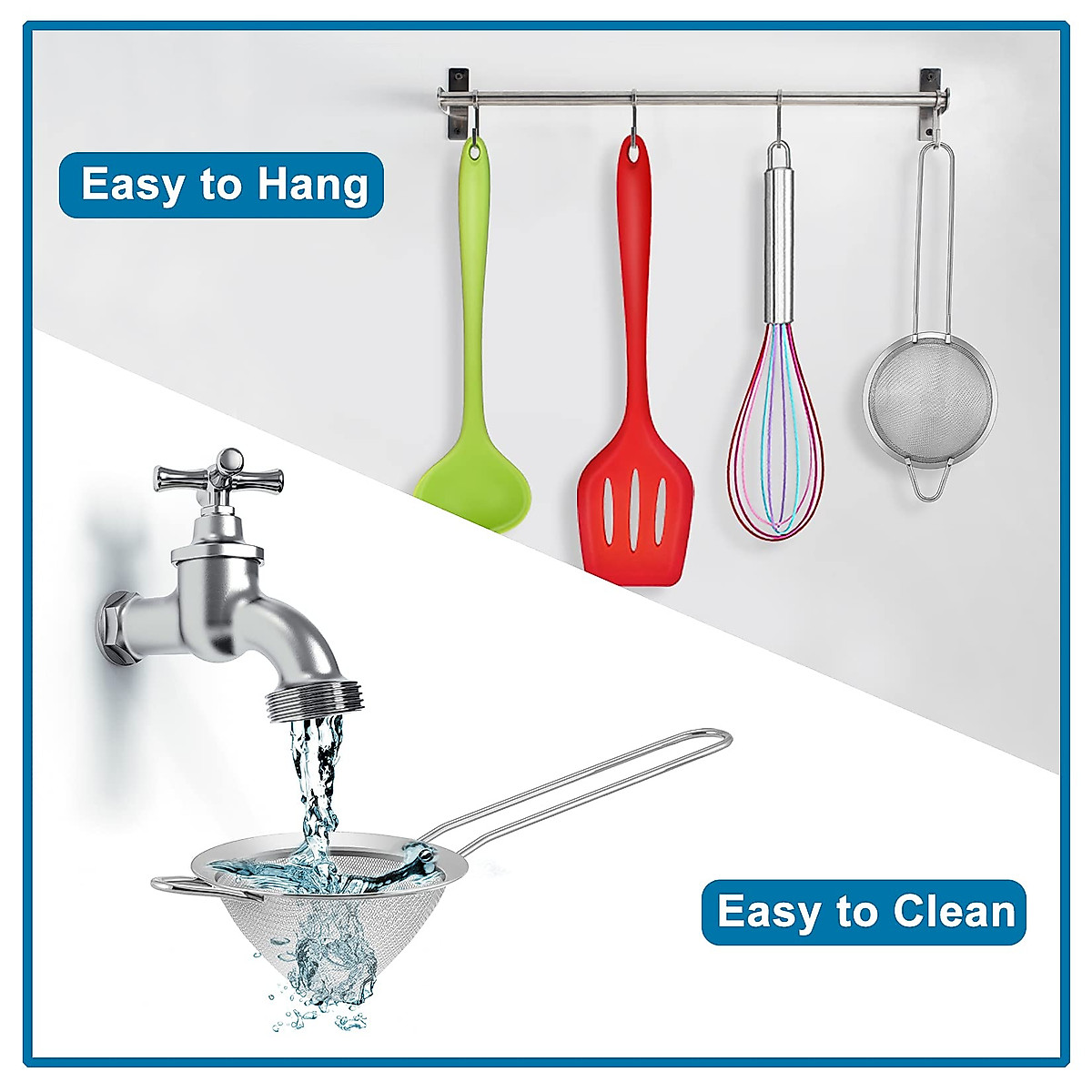 Fine Mesh Strainer Set of 2, P&P CHEF 3.3” Stainless Steel Conical Sieve Tea Strainer with Long Handle for Kitchen, Filtering Tea, Coffee, Cocktail, Juice, Healthy & Dishwasher Safe, (Silver)