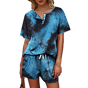 WIHOLL Lounge Sets for Women 2 Piece Outfits Summer Bermuda Shorts Set Tie Dye Blue XL
