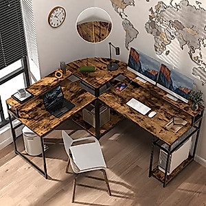 AYEASY 66" Computer Desk L Shaped Desk with Storage, Reversible Corner Desk with USB Charging Port & Power Outlet,Gaming Desk L Shape with Monitor Shelf, Large Home Office Desk, Rustic Brown