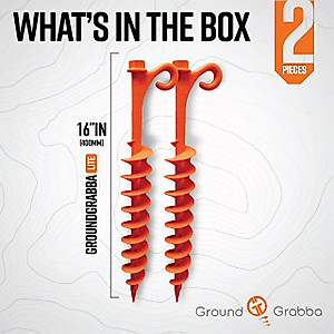 GROUNDGRABBA Lite Orange Tent Stakes - Tent Stakes for Sand | Screw in Earth Ground Anchors for Maximum Grip and Longevity in Soft Surfaces - 2 Pack
