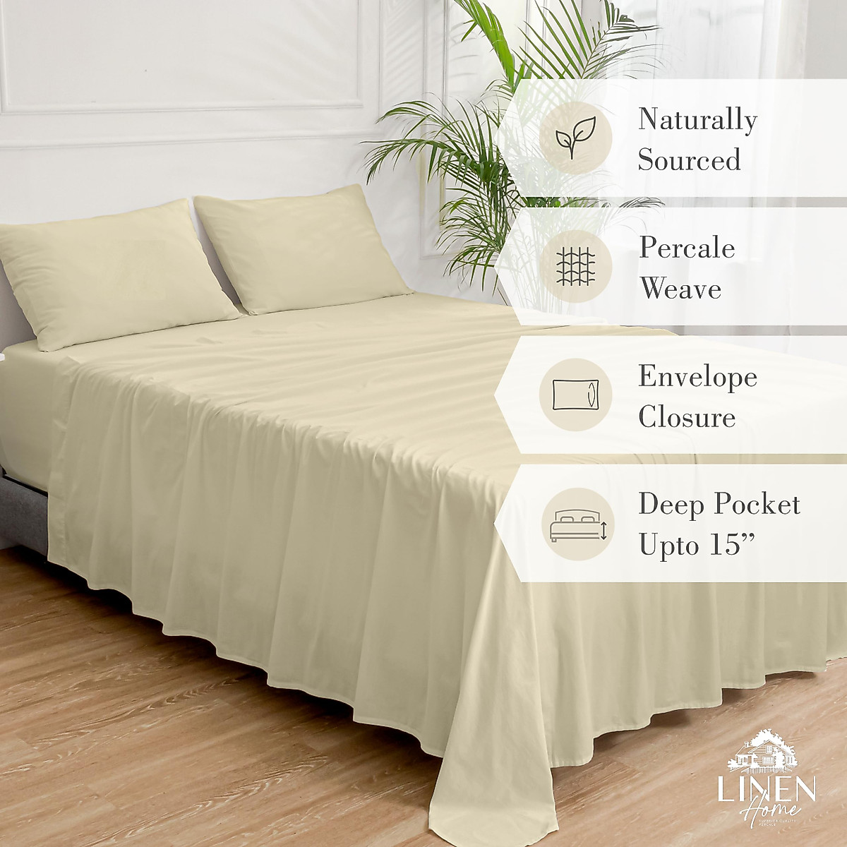 Linen Home Washed Cotton Percale King Sheet Set, Ivory, Deep Pocket, 4 Pieces Bed Sheets - 1 Flat Sheet, 1 Fitted Sheet & 2 Envelope Closure Pillowcases, Cool and Comfortable Bed Linen