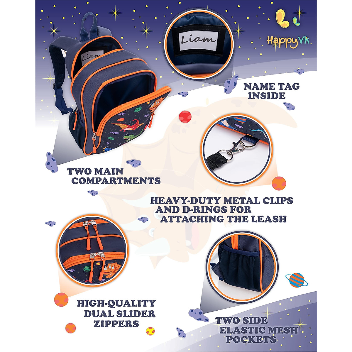 HappyVk- Backpack with Leash for Kids-Anti Lost Walking Toddler Leash-Dinosaur design-for 1-4 Years Old Boys, Girls