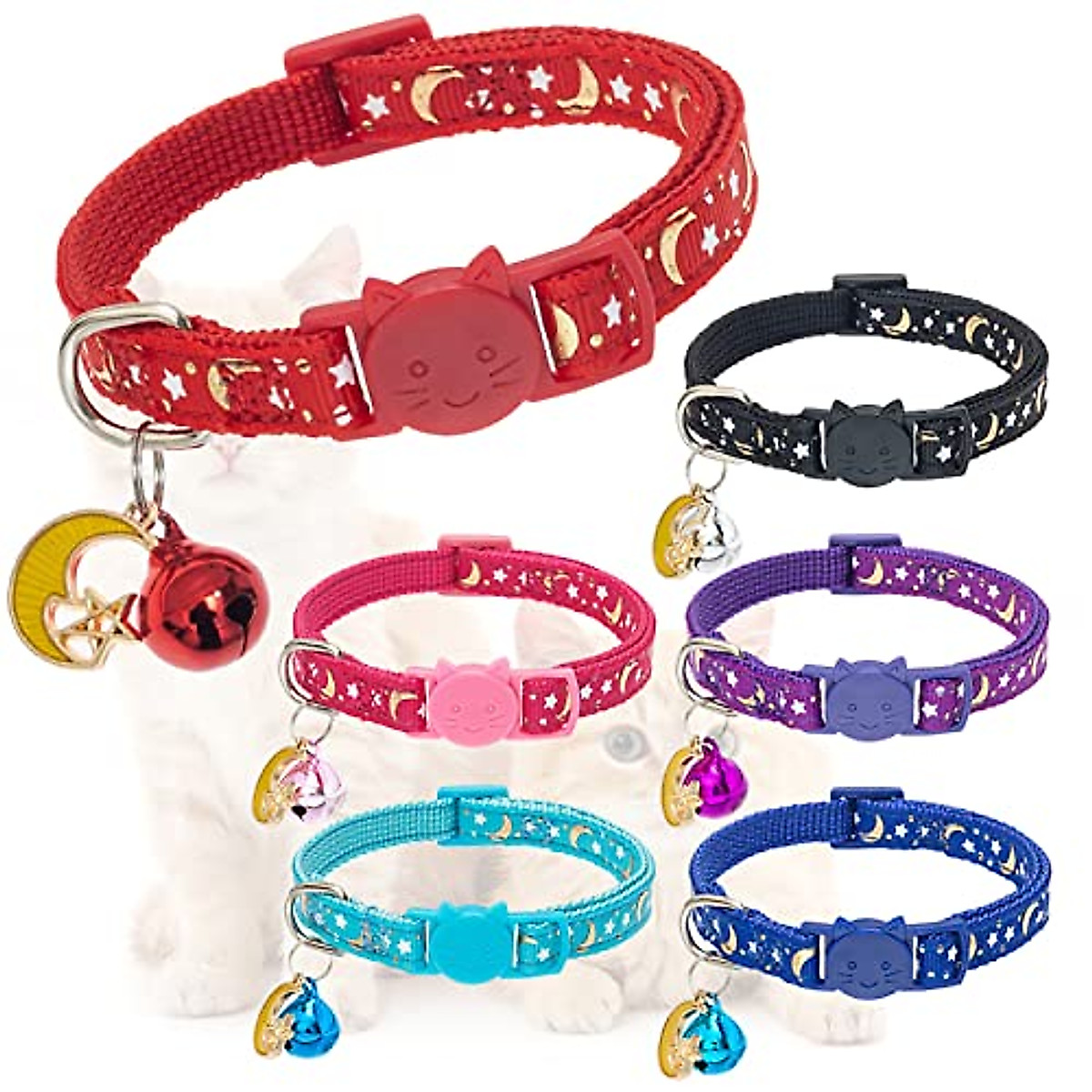 KOOLTAIL Cat Collar Breakaway with Bells - 6 Pack Glow in The Dark - Stars & Moon Charm Pendent Pet Reflective Collars Ideal for Kitten Cats Puppy