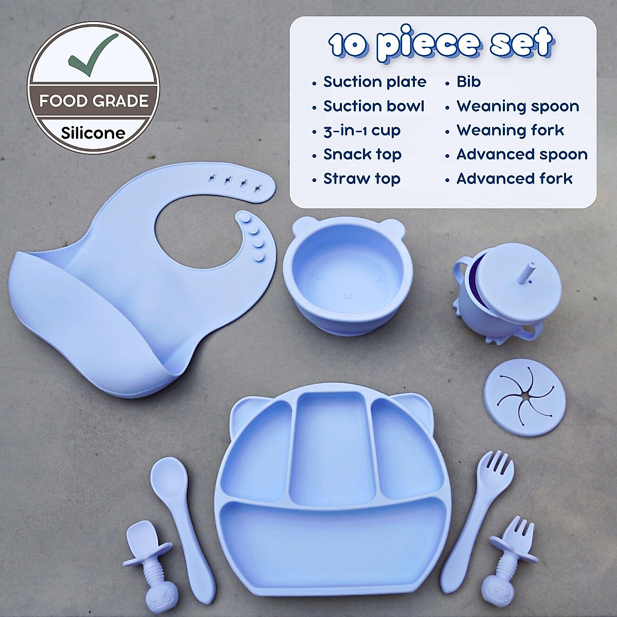 Anari Baby Led Weaning Supplies | Divided Silicone Suction Toddler Plates and Bowls Set | First Stage Self Feeding Baby Utensils | Baby Feeding Supplies for 6+ months old (Pastel Blue)