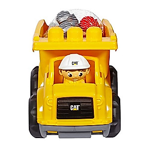 MEGA BLOKS Cat Toddler Blocks Building Toy Set, Lil’ Dump Truck with 7 Pieces and Storage, 1 Figure, Yellow, Ages 1+ Years
