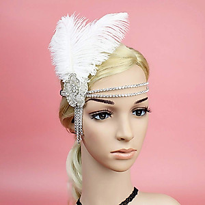 Positive Costume Great Gatsby Flapper Headband Elegant Crystal Rhinestone Flower Tassels 1920s Vintage Hairband Old Hollywood Glam Headpiece (White)