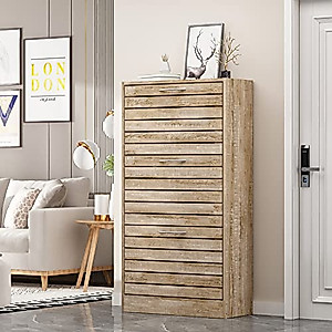 Hitow Shoe Storage Cabinet, Narrow Shoe Cabinet with 3 Drawers & Adjustable Shelf, Small Space Entryway Freestanding Shoe Rack with Shutter Doors, Natrual (22.4" W x 9.4" D x 42.3" H)