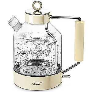 Electric Kettle, ASCOT Glass Electric Tea Kettle 1.6L 1500W Retro Tea Heater & Hot Water Boiler, No Plastic, BPA-Free, Cordless, with Auto Shut-Off and Boil-Dry Protection (Creme)