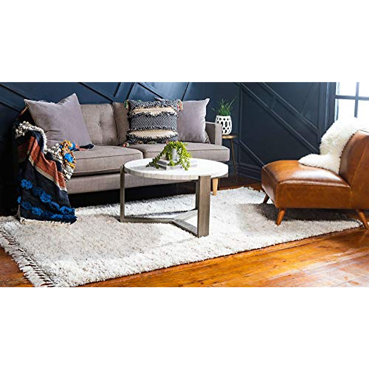 Unique Loom Hygge Shag Collection Modern Moroccan Inspired, Plush & Cozy Area Rug, 9 ft x 12 ft, Ivory/Tan