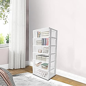 6 Tier Stackable Storage Drawer Rolling Storage Cart Plastic Drawer Organizer Foldable File Storage Cabinet for Office, Dorm, Desk, Countertop, Living Room (White+Clear)