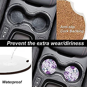 Purple Floral Cup Holders Car Coasters Set for Women Girl,Pretty Design Keep Cup Holders Clean and Dry,Drink Cup Car Holder Coasters with A Finger Notch 2.56" Pack of 2