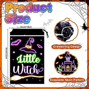 Blosssound 72 Pcs Halloween Drawstring Treat Bags Black Neon Candy Bags Trick or Treat Goody Bags Halloween Shining Plastic Goodie Gift Bags for Halloween Party Favors