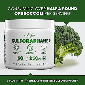 Peak Revival-X 5000mcg of Real Lab-Verified Sulforaphane Supplement - Broccoli Seed Extract 250mg Supplements - Promotes Cognitive Function, Liver & Cellular Support - 60 Vegan Capsules/Pills