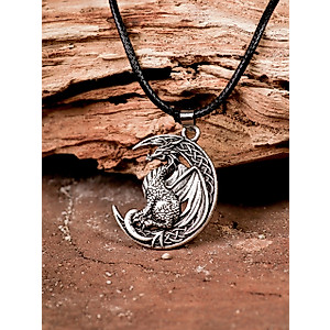 HAQUIL Dragon Necklace for Men, Celtic Dragon on Crescent Moon Pendant, Faux Leather Cord, Dragon Jewelry Gift
