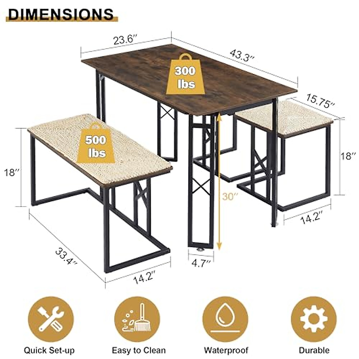 VECELO 43.3" Farmhouse Room Sets for 4 with 3 Benches WickerKnot Mats, Adjustable Feets Metal Frame Space-Saving Coffee Table for Home Kitchen Dining, Brown, 43.3in
