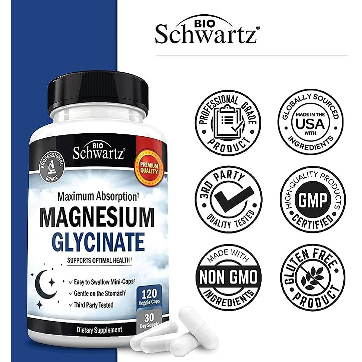 Magnesium Glycinate 500mg Capsules (120 Mini Caps) Maximum Absorption Magnesium Supplement for Nerves Muscles Heart Mood and Sleep Support (Vegan Safe with No Gluten, Soy or GMOs) by BioSchwartz