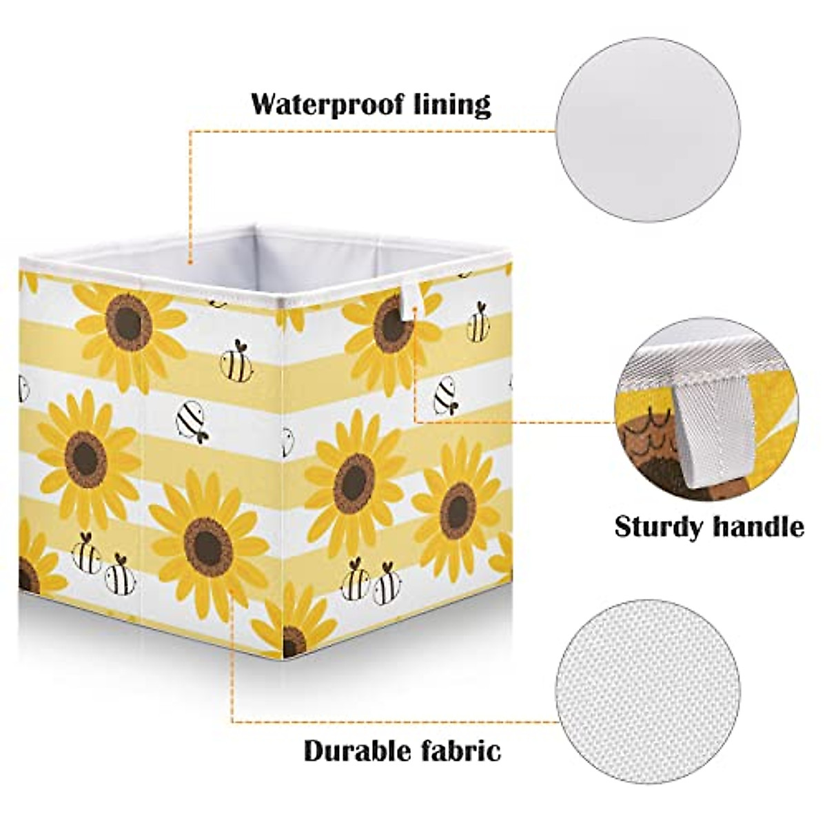 ALAZA Collapsible Storage Cubes Organizer,Sunflower Bee Cartoons White Yellow Stripe Storage Containers Closet Shelf Organizer with Handles for Home Office