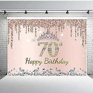PHMOJEN 70th Birthday Backdrop for Women Pink Rose Gold Glitter Silver Diamonds 70 Year Old Birthday Party Decoration Photo Backdrop Happy 70 Bday Poster Vinyl 7x5ft Photo Booth Props BJGJPH44