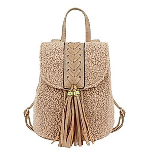 Hoce Women Girls Mini Lamb Wool Backpack PU Leather Drawstring Backpack Solid Color Casual Travel Mini Daypack with Tassel