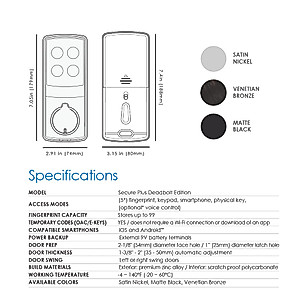 Lockly Secure Plus Deadbolt | Bluetooth Digital Door Lock, Fingerprint Scanner, Touchscreen Keypad, App Control, Auto Lock, Keyless Entry Door Lock (PGD728FMB, Matte Black)
