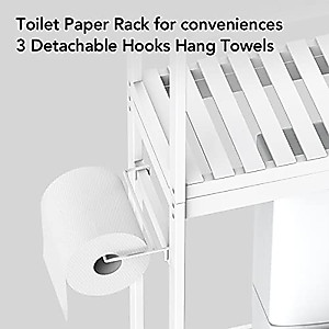 Purbambo Over The Toilet Storage, 3-Tier Bamboo Shelf Organizer Storage Rack with Toilet Paper Holder & 3 Hooks for Bathroom, Balcony, Porch, Laundry - White