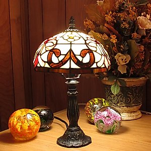 Pink/Amber Fleur-de-lis Tiffany Stained Glass Shade & Lamp Base - Perfect for a Living Room, Bedroom, Office, & More