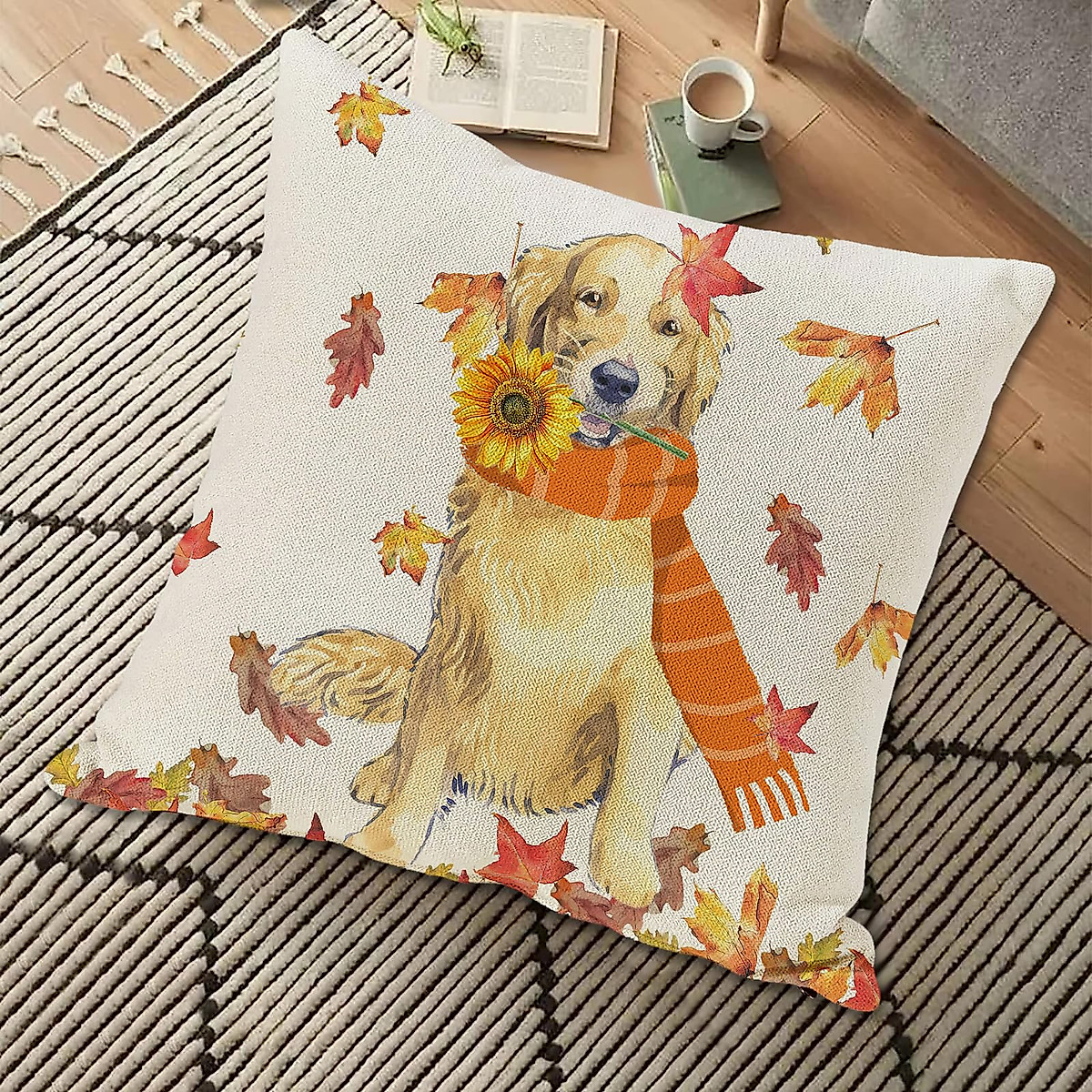 SPXUBZ Fall Throw Pillow Cover 18x18 Inch Autumn Dog Golden Retriever Home Decor Thanksgiving Farmhouse Nice Gift Square Indoor Linen Pillowcase Cushion(Two Sides Print)