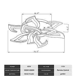 MEIXISUE LED Ceiling Light Gold Dimmable Close to Ceiling Lamp with Remote Control for Living Room,Bedroom,Kitchen,W31.5