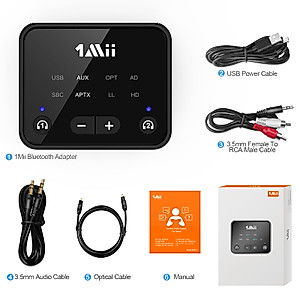 1Mii Bluetooth 5.3 Transmitter for TV to 2 Wireless Headphones, Long Range 100ft Bluetooth Adapter for TV aptX Low Latency& HD/Volume Control, Optical/USB/AUX/RCA Audio Inputs