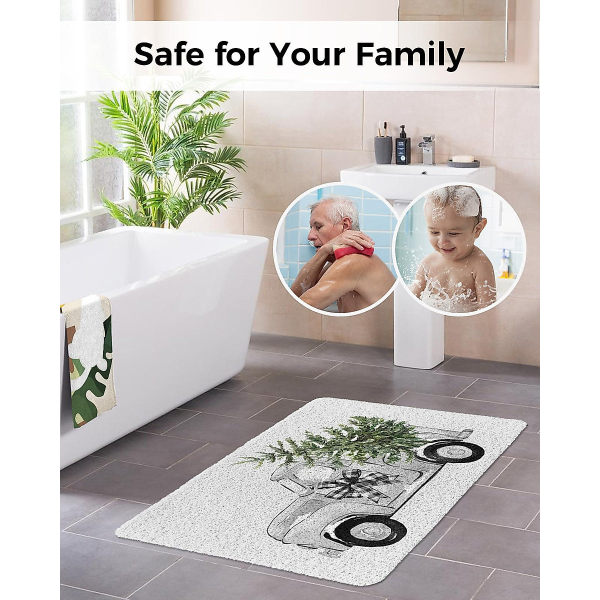 Shower Mat Non Slip Bathtub Mat Christmas Truck with Xmas Tree Grey Bath Mat Soft Loofah Shower Mats for Shower Tub Bathroom Quick Drying Foot Mat, 16x47 Inch