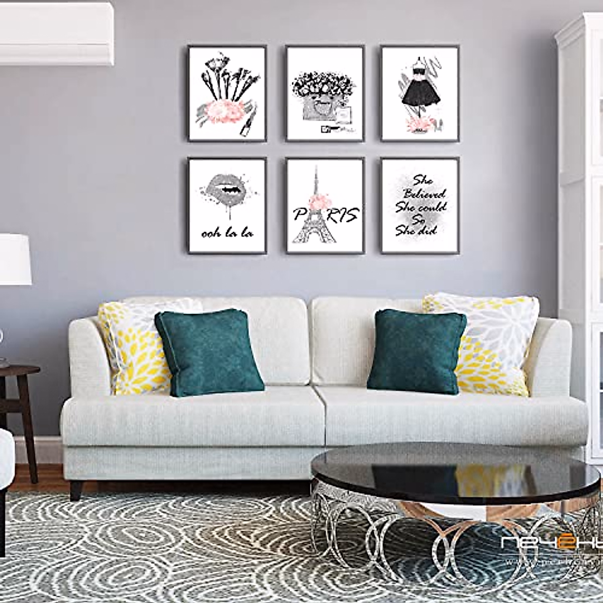 HoozGee Silver Gray Fashion Wall Art Girl Room Decor Makeup Room Artwork Prints Set of 6 Paris Perfume Flower Lipstick Canvas Art Posters Wall Decor for Bedroom (11"x14" UNFRAMED, Gray Pink)