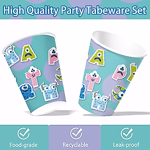 AURORAPARTY 120pcs Monster Birthday Party Supplies Inc Paper Plates Napkins Cups Forks Girl Boy Little Monster Birthday Party Table Decorations Disposable Cake Tableware Set for 24 Guests