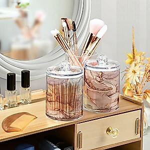 Kigai Gold Pink Marble Texture Qtip Holder Dispenser with Lids 2PCS -Bathroom Storage Organizer Set, Clear Apothecary Jars Food Storage Containers, for Tea, Coffee, Cotton Ball, Floss