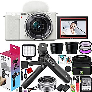 Sony ZV-E10 Mirrorless Camera Vlogger Kit with 16-50mm F3.5-5.6 Lens ILCZV-E10L/W White Bundle with ACCVC1 Including GP-VPT2BT Grip + Filters + Wide & Telephoto Lenses + Deco Gear Case & Accessories