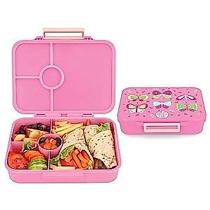 KOMUNURI LeakProof Bento Lunch Box for Kids, 4 or 5 Compartments, Microwave Safe, Dishwasher Safe, BPA Free, Lightweight, Kid Friendly Latch (True Pink - Butterflies & Flowers)