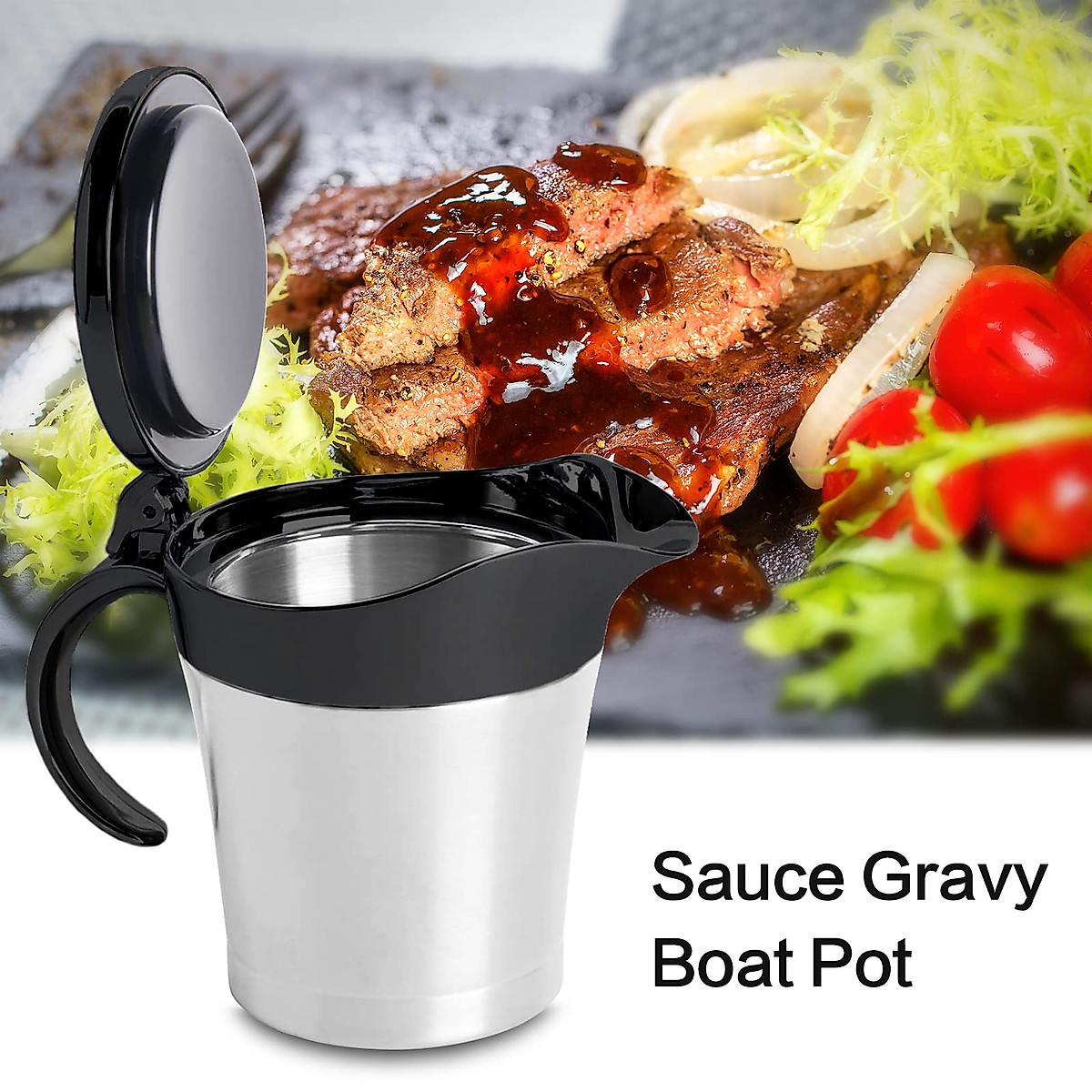 Stainless Steel thermal Gravy Boat, 16 Oz Double Insulated Gravy Sauce Jug with Hinged Lid for Family Dinner, Thanksgiving, Halloween, Christmas