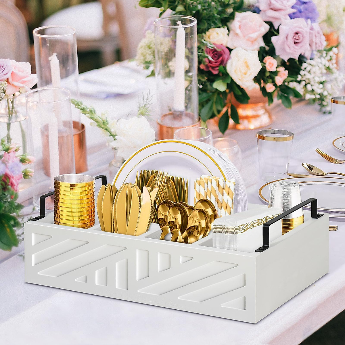 Ameuphercy Paper Plate Holder Utensil Caddy for Kitchen Counter，Paper Plate Dispenser with Large Cup Holder for Kitchen Counter, Paper Plate Organizer for Party,Wedding, BBQ(White-Carving)