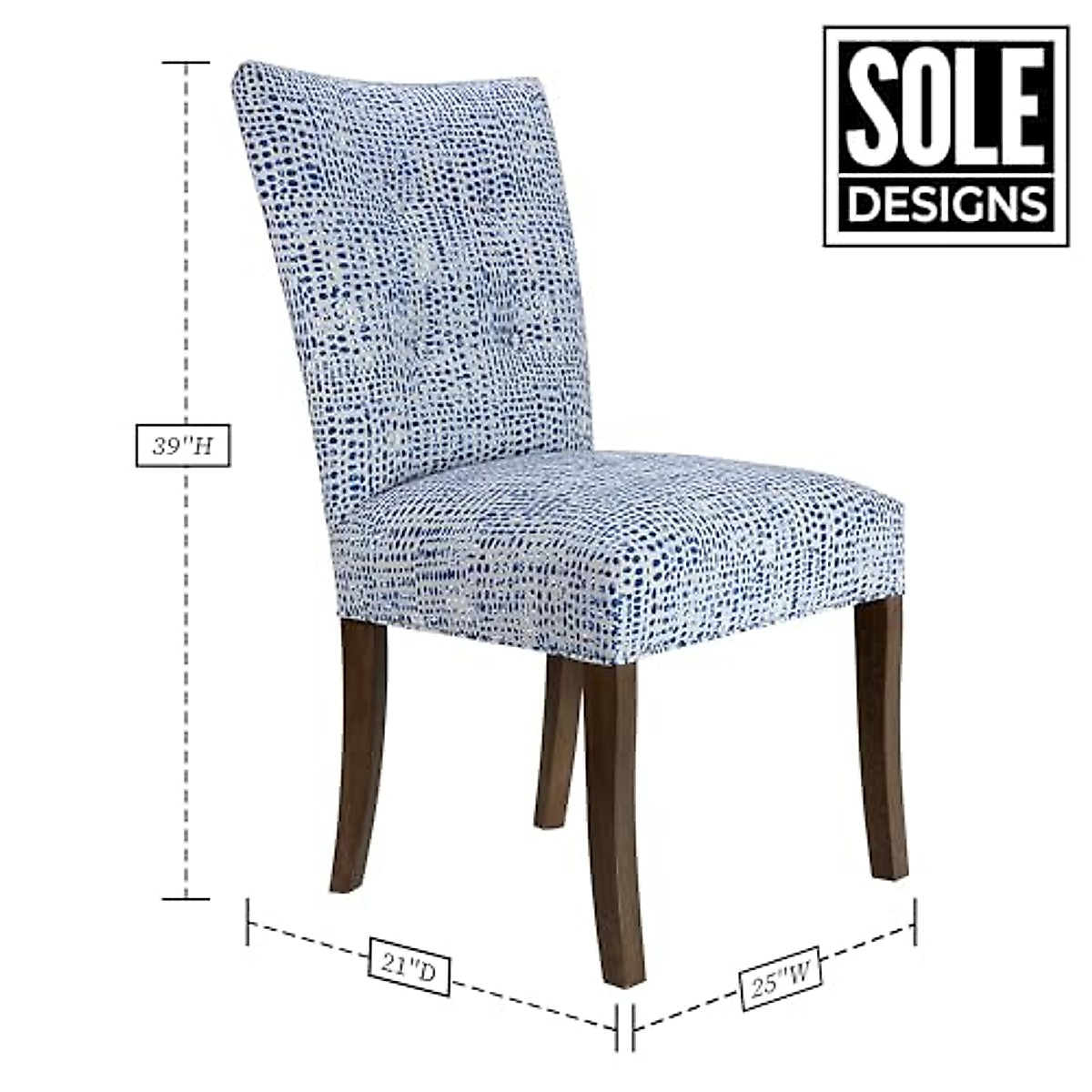 Sole Designs Julia Collection Contemporary Dining Room Chairs, Sediment Print Fabric Upholstered Parsons Seat with Button Tufted Backrest, Set of 2, Set of 2, Blue