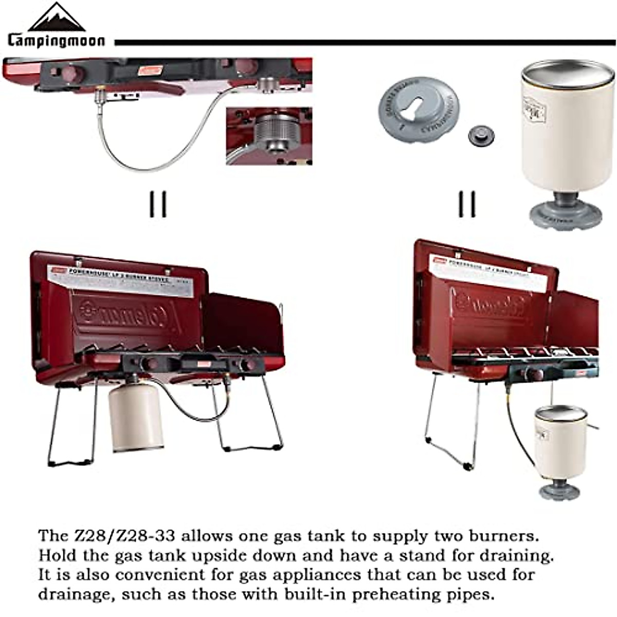 Campingmoon 13 Ft Stainless Braided Propane Adapter Hose, Input: EN417 Lindal Valve Canister, Output: Two En417 Lindal Valve (male thread), Application: EN417 Lindal Valve Canister And Device,Z28-33