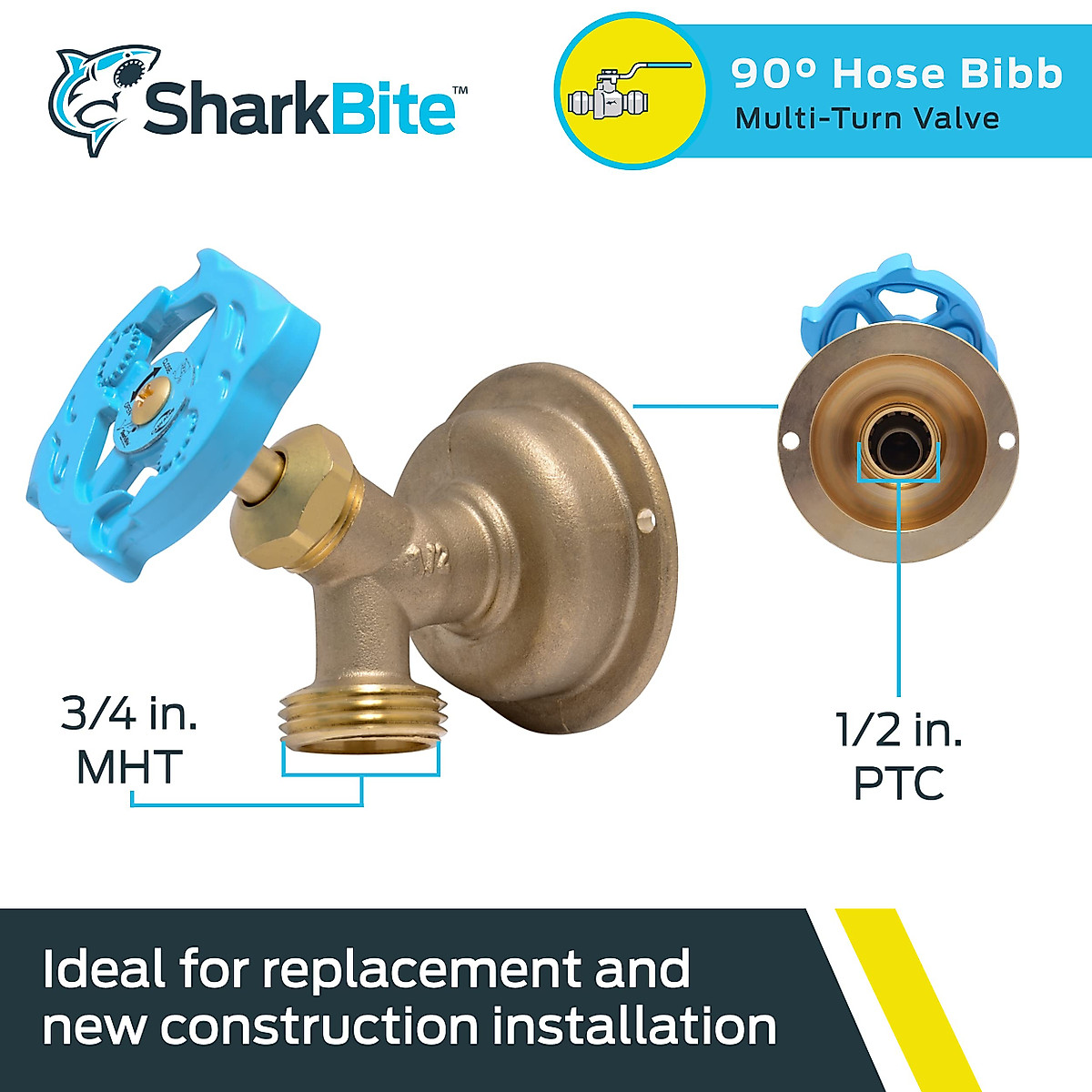 SharkBite 1/2 x 3/4 Inch MHT 90 Degree Hose Bibb, Multi Turn, Push To Connect Brass Plumbing Fitting, PEX Pipe, Copper, CPVC, PE-RT, HDPE, 24626LF