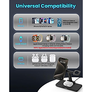3-in-1 Foldable Charger Stand for MagSafe: JoyGeek Wireless Charging Station for iPhone 15/14/13/12 Pro Max Plus Mini, Magnetic Mag-Safe Dock for Apple Watch Ultra/SE/9/8/7/6/5/4/3/2, Air Pods Pro/3/2