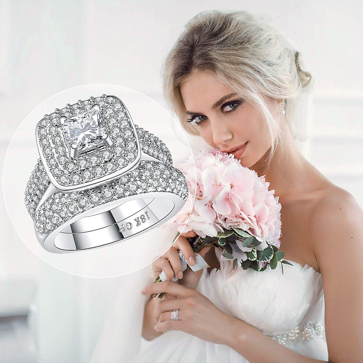 Ahloe Jewelry Princess Wedding Rings for Women Engagement Band Bridal Set 18k White Gold Plated Square 1.8Ct Cz Size 8