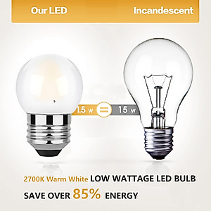 YIZCO G40 Low Wattage LED Light Bulbs 1.5w Equivalent to 15 Watt E26 Base Light Bulb G14 Frosted Small Light Bulbs Warm White 2 Pack