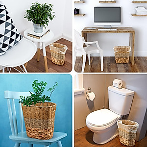 Ziliny 2 Pcs Wicker Trash Can with 50 Small Trash Bag Wicker Waste Woven Basket with Handles Clear Multi Use Garbage Bags for Bathroom Kitchen Bedroom