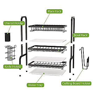 1Easylife Dish Drying Rack, 3 Tier Dish Rack with Tray Utensil Holder, Large Capacity Dish Drainer with Cutting Board Holder Drain Board Tray for Kitchen Counter Organizer Storage (Black)