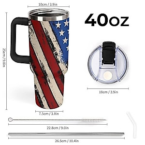 100% BLUE COLLAR Handle Tumbler for Women and Men, Cool American Flag Large Capacity Stainless Steel Cup with Rubber Ring and Straw, Water Bottle for Walking,Climbing