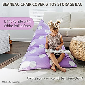 Butterfly Craze Bean Bag Chair Cover, Functional Toddler Toy Organizer, Fill with Stuffed Animals to Create a Jumbo, Comfy Floor Lounger for Boys or Girls, Stuffing Not Included, Purple Polka Dots