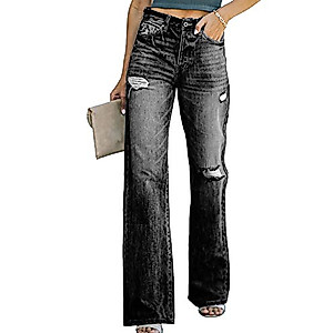 Dokotoo Fashion High Waisted Flare Jeans for Women Ripped Row Hem Solid Basic Vintage Distressed Wide Leg 90's Denim Pants Black Size US 14